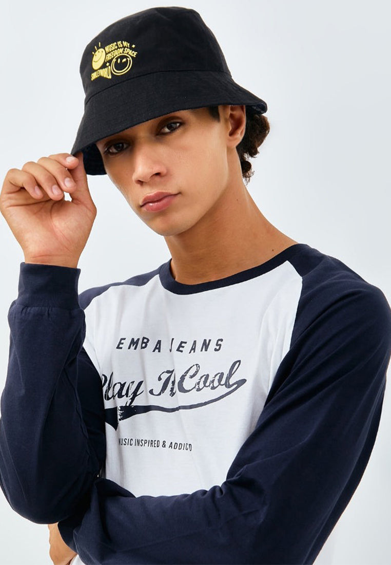 EMBA DENIM I SMILEYWORLD - Bucket Hat Pria Material Kanvas Warna Black